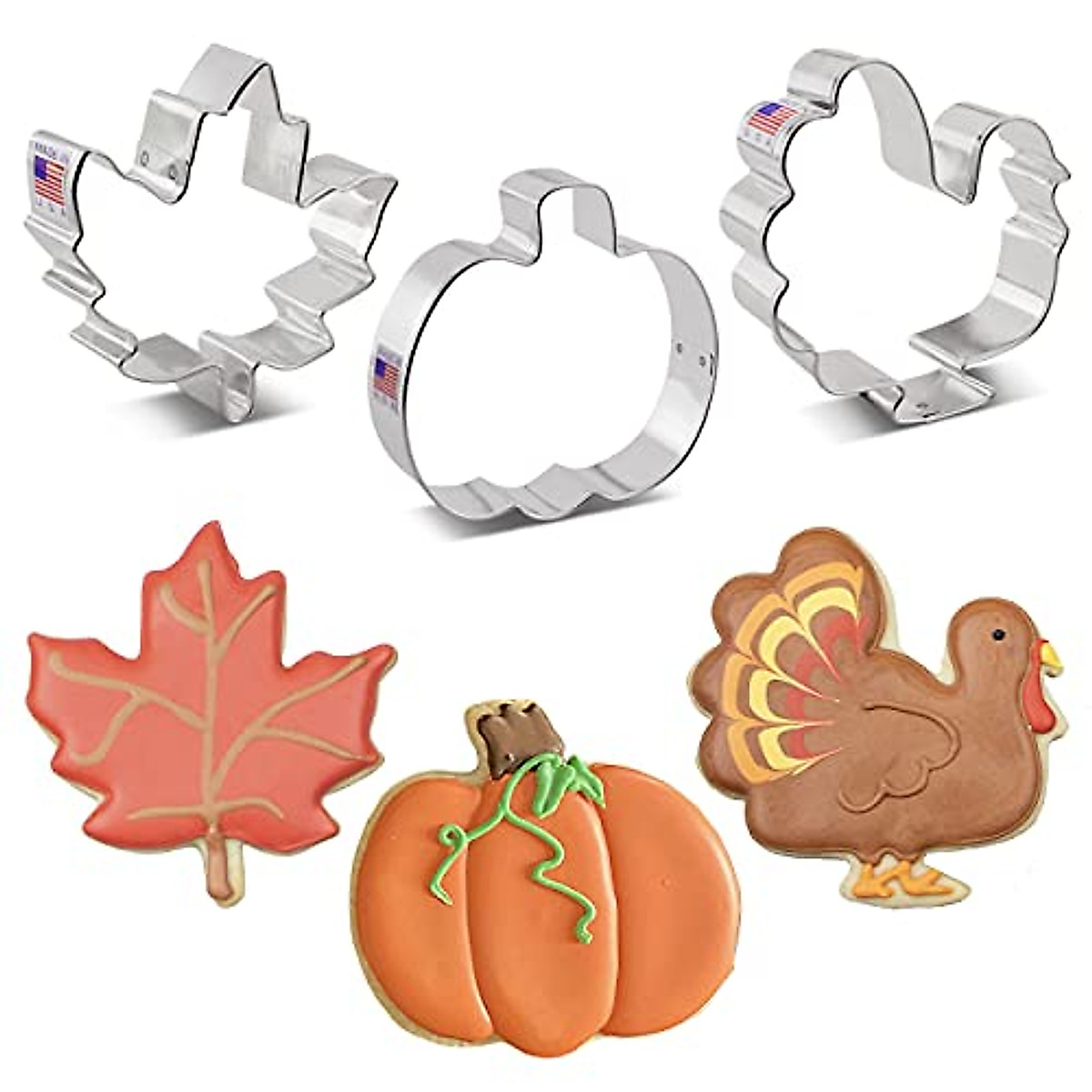 Thanksgiving and Fall Holiday Cookie Cutters 3-Pc. Set Made in USA by Ann Clark, Maple Leaf, Turkey, Pumpkin