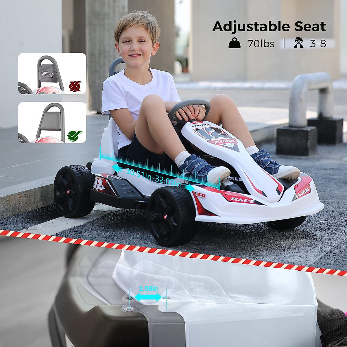 ELEMARA Electric Go Kart for Kids, 12V 2WD Battery Powered Ride On Cars with Parent Remote Control for Boys Girls,Toy Gift Vehicle with 2 Speed,Safety Belt,Music,UP to 70lbs, White