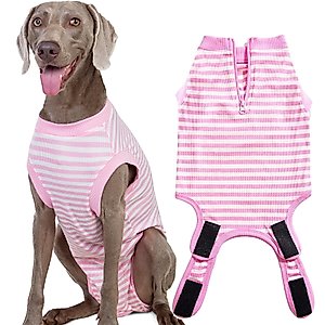 Wabdhaly Dog Surgery Recovery Suit for Female Spay,Surgical Suit for Large Female Dogs,Soft Combed Cotton,Striped Pink Zipper Onesie L
