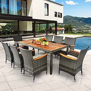 Toolsempire Patio Dining Set Outdoor Dining Set, 9 Pieces Wicker Patio Furniture Set with Acacia Wood Table and Chairs, Garden Dining Table Set for Backyard, Desk, Poolside, Christmas(Grey)