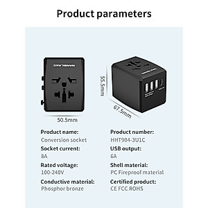 Universal Travel Adapter Worldwide International Plug Converter 30W 6A Pd 20W Type c QC3.0 USB 3A+1C All in One Multiple AC 8A sockets Outlet USA EU UK AUS FCC Listed