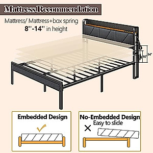 Furnulem Queen Size Bed Frame with LED Lights,Upholstered Storage Headboard with Charging Station and USB Port, Platform Bedframe Queen No Box Spring Needed, Noise Free