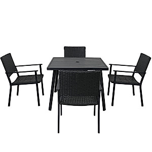 Quarte Patio 5-Piece Dining Table Furniture Set,Outdoor PE Wicker Conversation Set with Umbrella Hole and 4 Dining Chairs,for Porch Lawn Garden Backyard Poolside