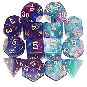 Galaxy DND Dice 2 X 7Sets, 14Pieces Glitter Sparkle Cosmic Mixed Polyhedral DND Dice for RPG MTG Table Game Dice
