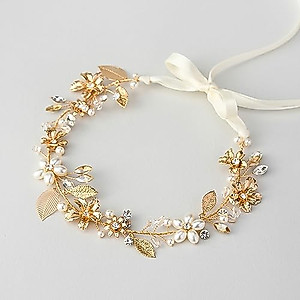 SWEETV Flower Girl Headpiece Pearl Gold Wedding Hair Accessories for Girls Flowers Headband Tiara for Birthday,party