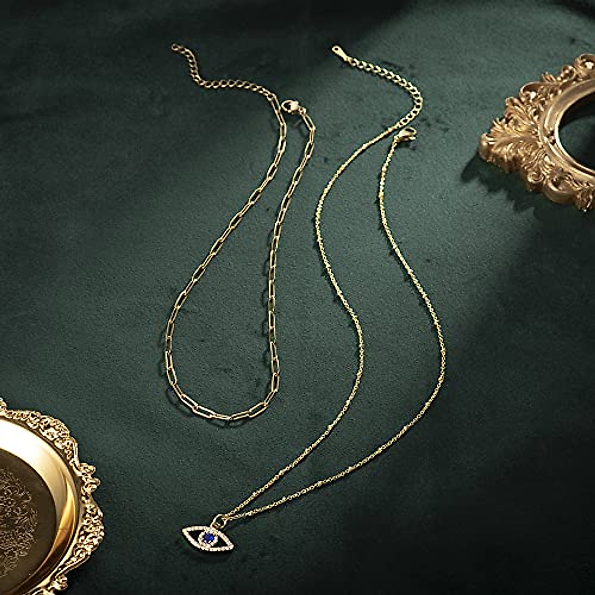 PPJew Layered Evil Eye Necklace 18K Gold Plated Blue Third Eye Layering Chocker Necklace Protection Mal De Ojo Nazar Amulet Jewelry Gift for Women Mother（Gold）