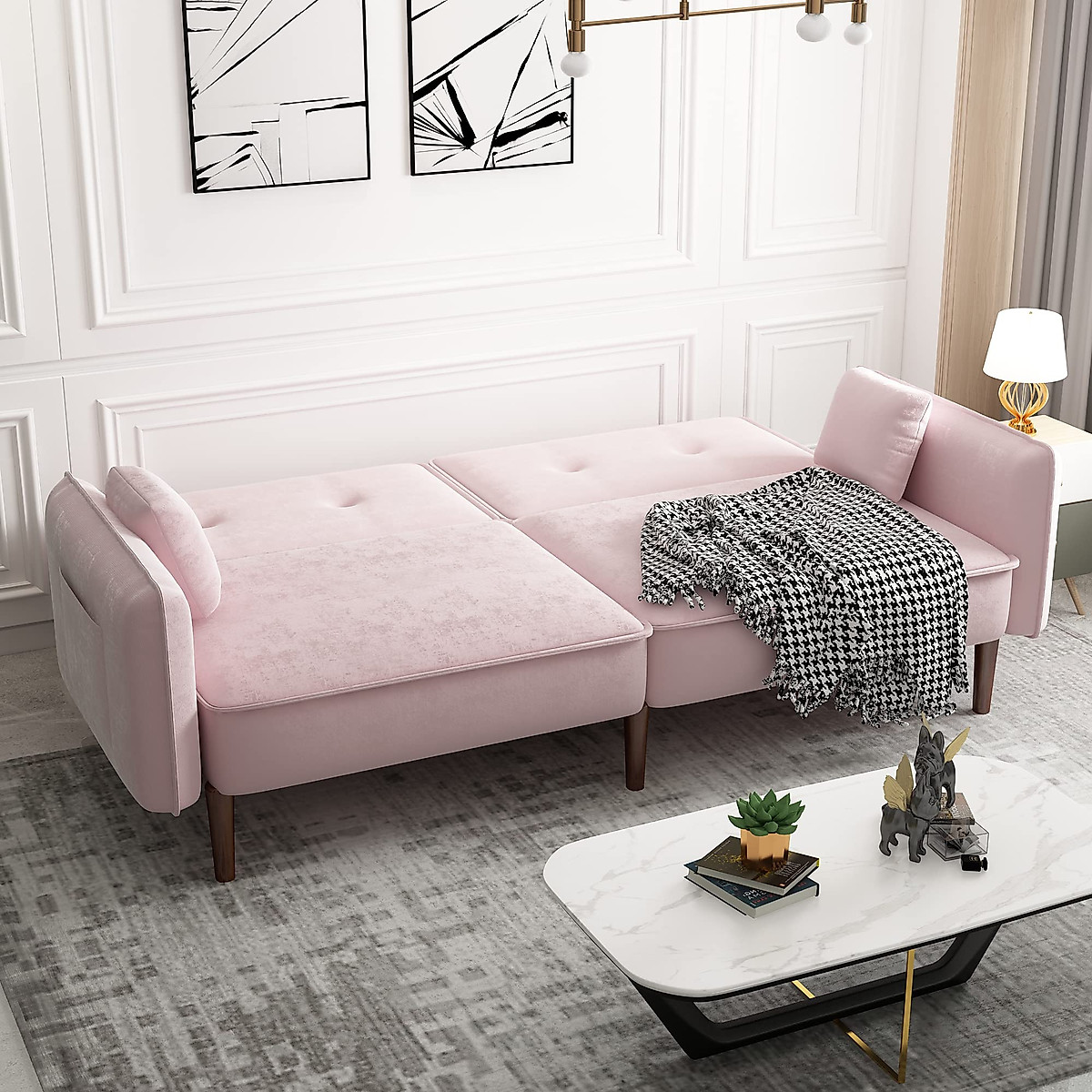 LOPOO Modern Convertible Sleeper Futon Sofa Bed with Solid Wood Legs, Stylish Fabric Upholstery, Foldable Loveseat Velvet Couch, Comfortable Foam Filling, 2 Side Pockets, 3 Positions, Pink