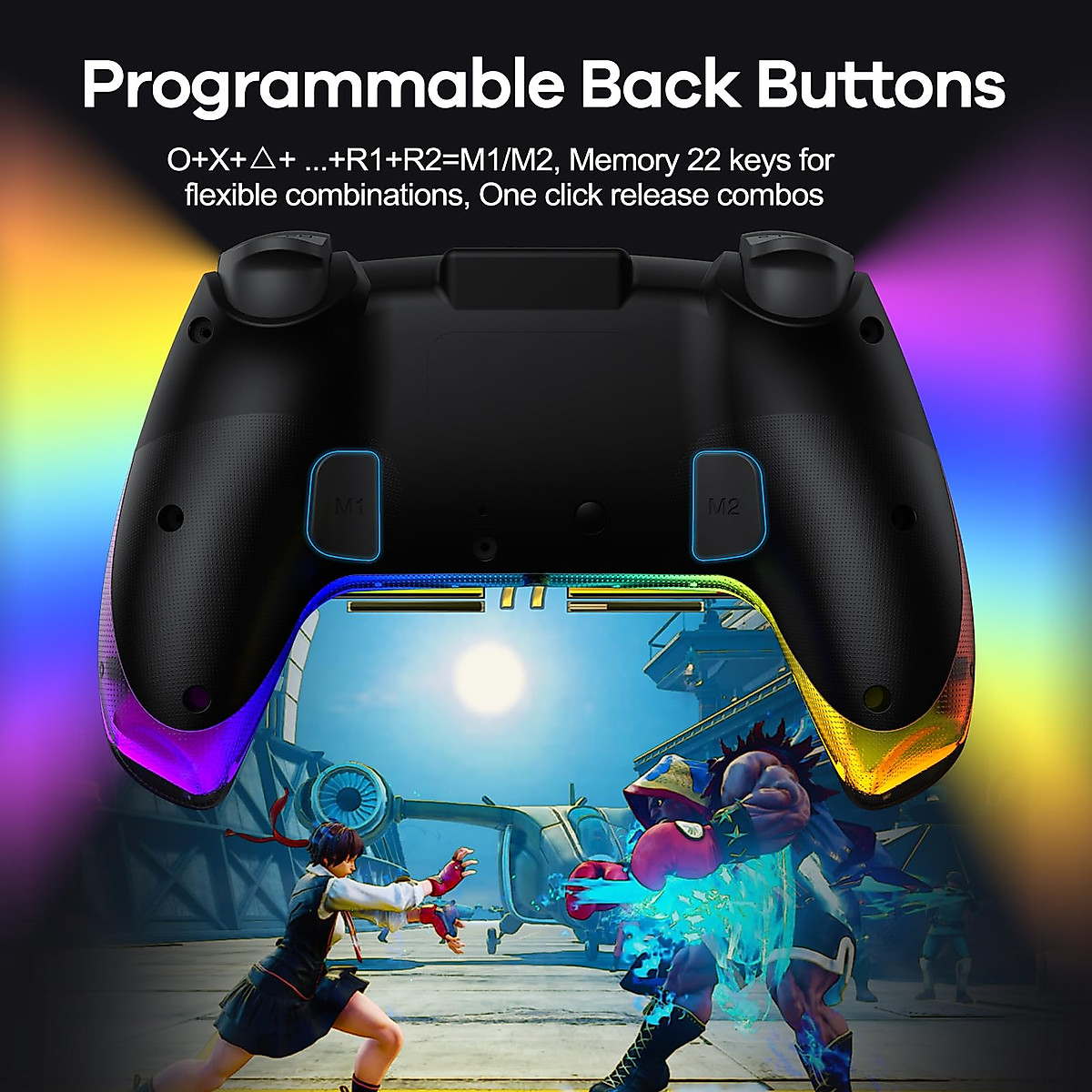 Rotacess Wireless Controller for PS4/Slim/Pro with Cool LED Light, Programming Back Button, Adjustable Turbo, Vibration and Motion