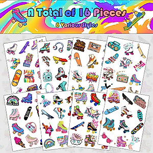 16 Sheet Roller Skate Party Favors Roller Skating Temporary Tattoos Stickers for Kids Girls Boys Throwback to 90s Roller Skate Theme Party Decorations supplies (192 PCS)