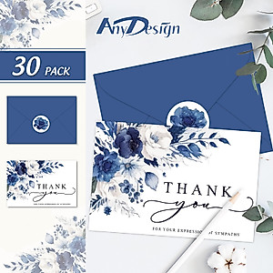 AnyDesign 30Pcs Floral Funeral Thank You Cards with Sticker Envelope, Watercolor Blue Flower Bereavement Card with Message for Memorial Service Loved Ones Celebration of Life