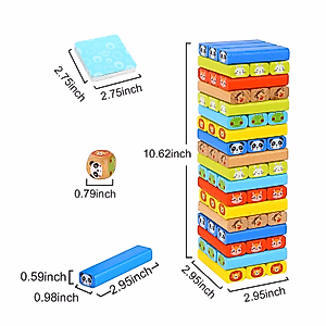 TOOKYLAND Colored Wooden Blocks Stacking Board Games Tumble Tower Games with Animal Pictures for Kids Boys Girls - 80 Pieces