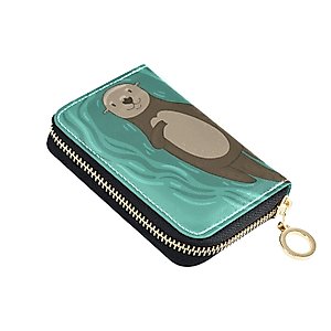Heart Shaped Sea Otters in Love with You On Turquoise WaterGrey Credit Card Coin wallet, RFID Blocking Compact Women Leather Card Holder, Key Change Organizer, Zipper Purse Clutch Pouch Pocket