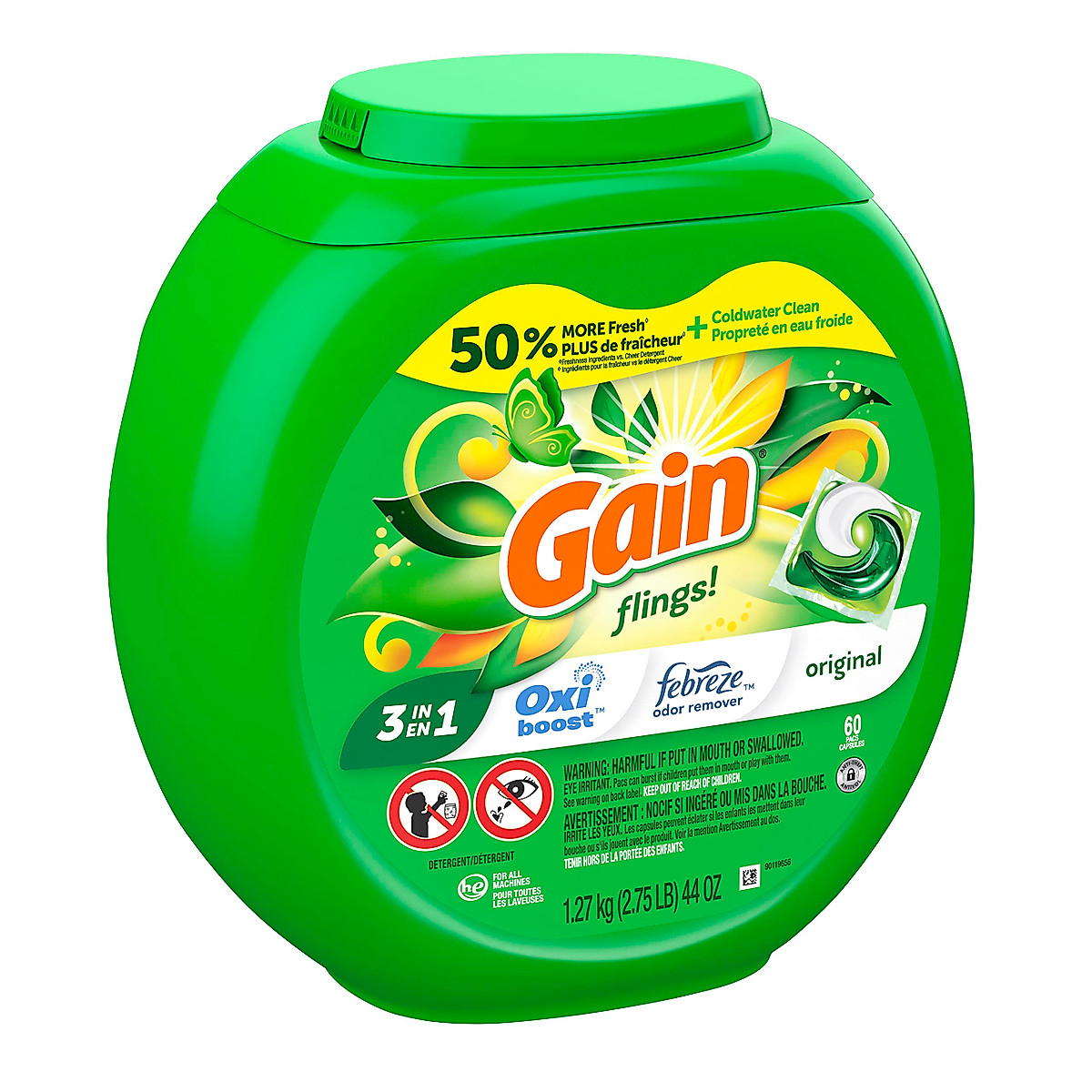 Gain flings! Laundry Detergent Soap Pacs HE Compatible 60 ct Long Lasting Scent Original Scent