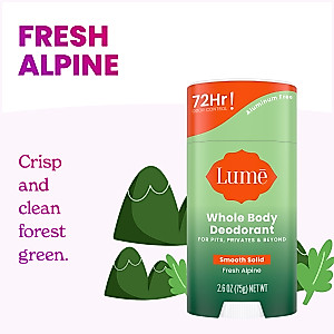 Lume Whole Body Deodorant - Smooth Solid Stick - 72 Hour Odor Control - Aluminum Free, Baking Soda Free and Skin Safe - 2.6 Ounce (Pack of 2) (Fresh Alpine)