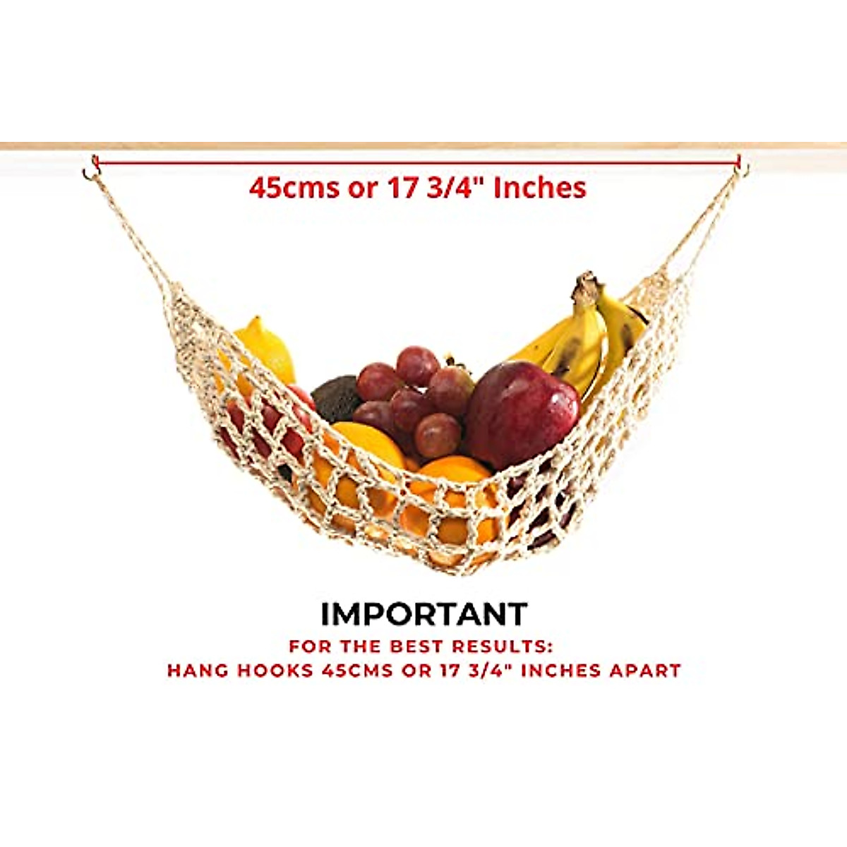 2 Pack Hanging Fruit Hammock - 2 Handwoven Cotton Produce, Banana, Macrame Fruit Hammocks For Kitchen Under Cabinet + 4 PCS Hooks - Storage That Saves Counter Space at Home, Boat, or Rv