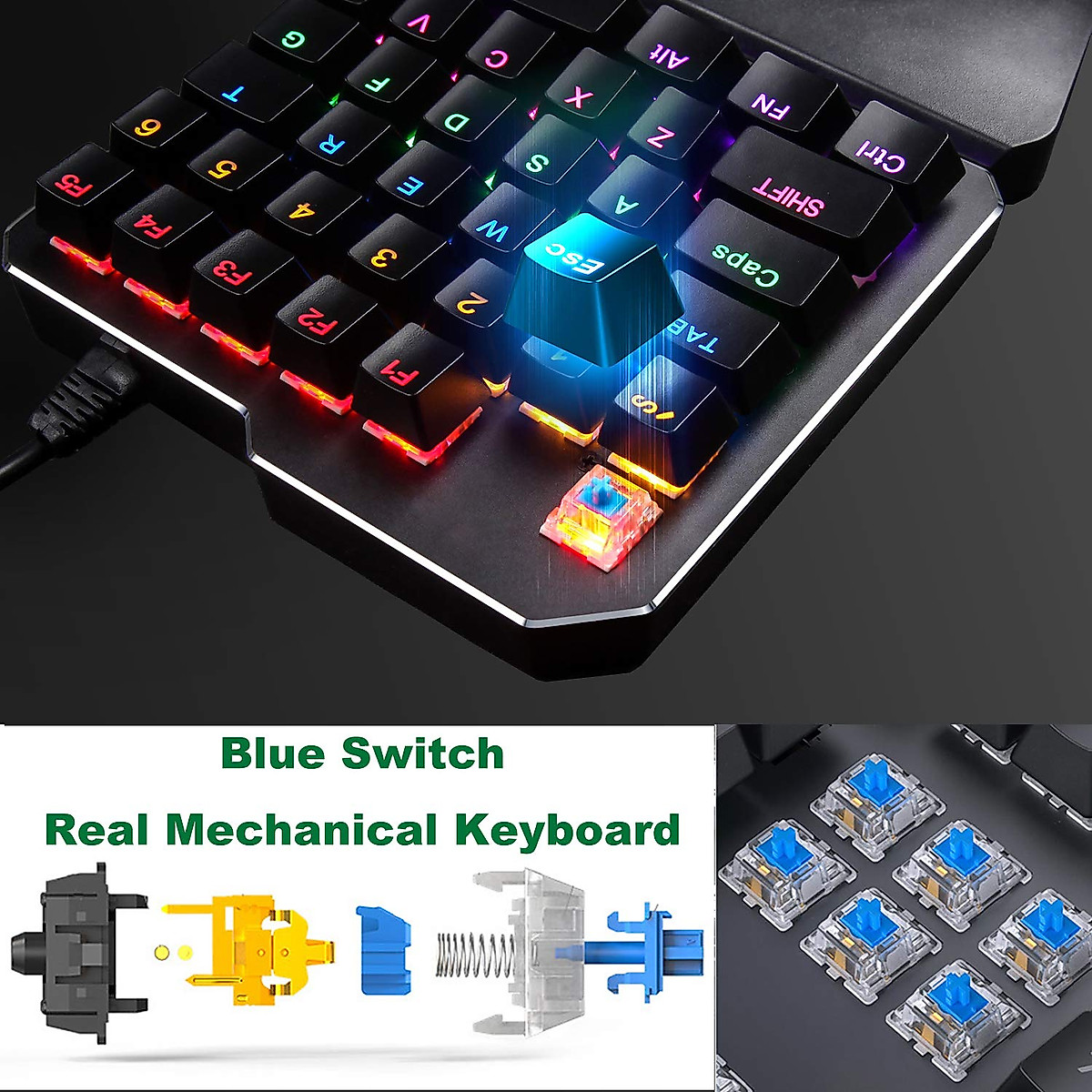 Kinoth One Handed Mechanical Gaming Keyboard with Blue Switches, RGB LED Backlit, 35 Keys, Quick Responsive Gaming Keypad with Wrist Rest, USB Wired Half Keyboard for LOL/PUBG for Mac/Window/PC Gamer