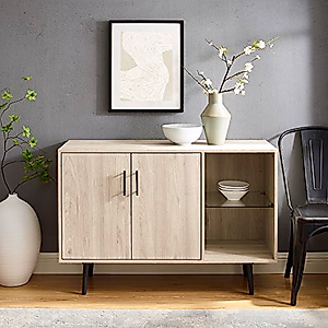 Walker Edison Theo Mid Century Modern 2 Door Asymmetrical Glass Shelf Buffet, 44 Inch, Birch