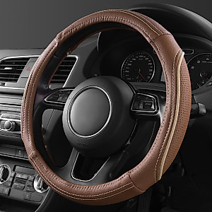 CAR PASS Line Rider Delux Leather Steering Wheel Cover, Universal Fit for Suvs,Sedans,Vans,Trucks for 14.5" to 15"(Brown & Beige)