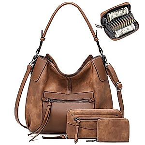 Hobo Bags for Women Handbags Boho Crossbody Ladies Shoulder Purses Designer Faux Leather with Wallet Brown 3PCS Set