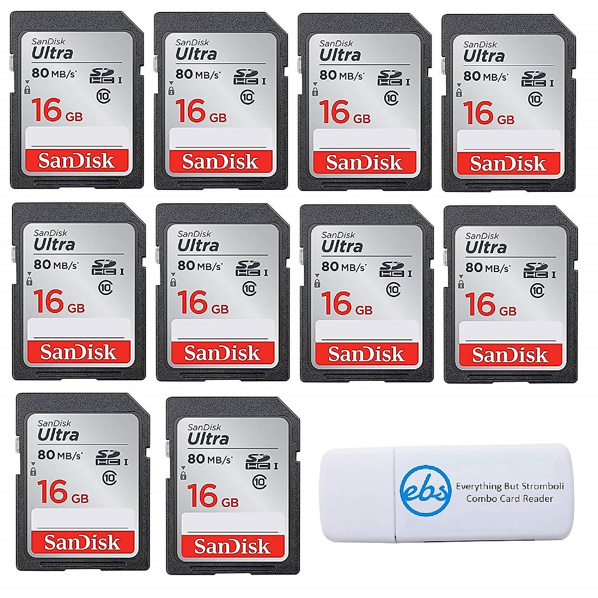 SanDisk Ultra 16GB (10 Pack) Class 10 SDHC Genuine Flash Memory Card (SDSDUNC-016G-GN6IN) Bundle with Everything But Stromboli Card Reader