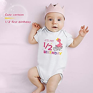 WAWSAM Baby Girls Half Birthday Bodysuit 1/2 Half Birthday One-Piece Romper Newborn Dinosaur Short Sleeve Onesie Infant Half Birthday Jumpsuit for Birthday Girl