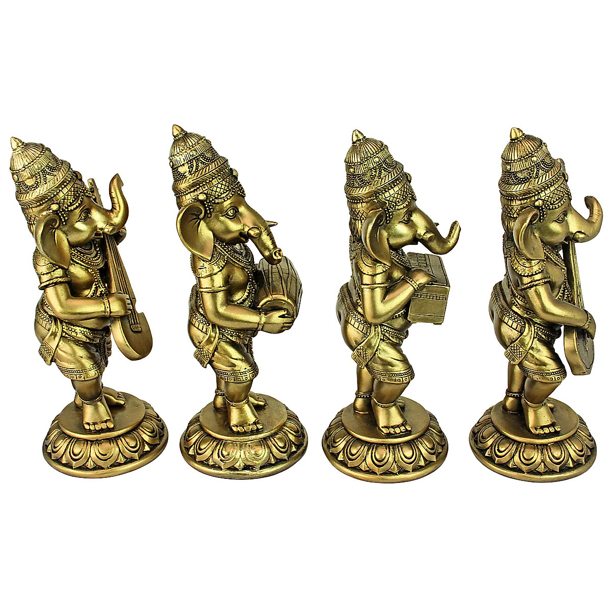Design Toscano Musical Ganesha Hindu Elephant Men Band Statues, Set of Four Figurines, 7 inches tall, Cast Stone Resin, Antique Gold Finish