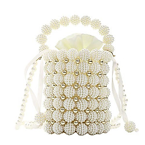 YIFEI Women Beaded Small Pearl Evening Bucket Handmade Bags with Detachable Chain for Wedding Party