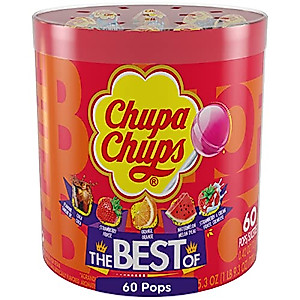 Chupa Chups Candy Lollipops, 5 Assorted Flavors, Drum Display for Parties Office Concessions, 60 Count Drum(Pack of 1)