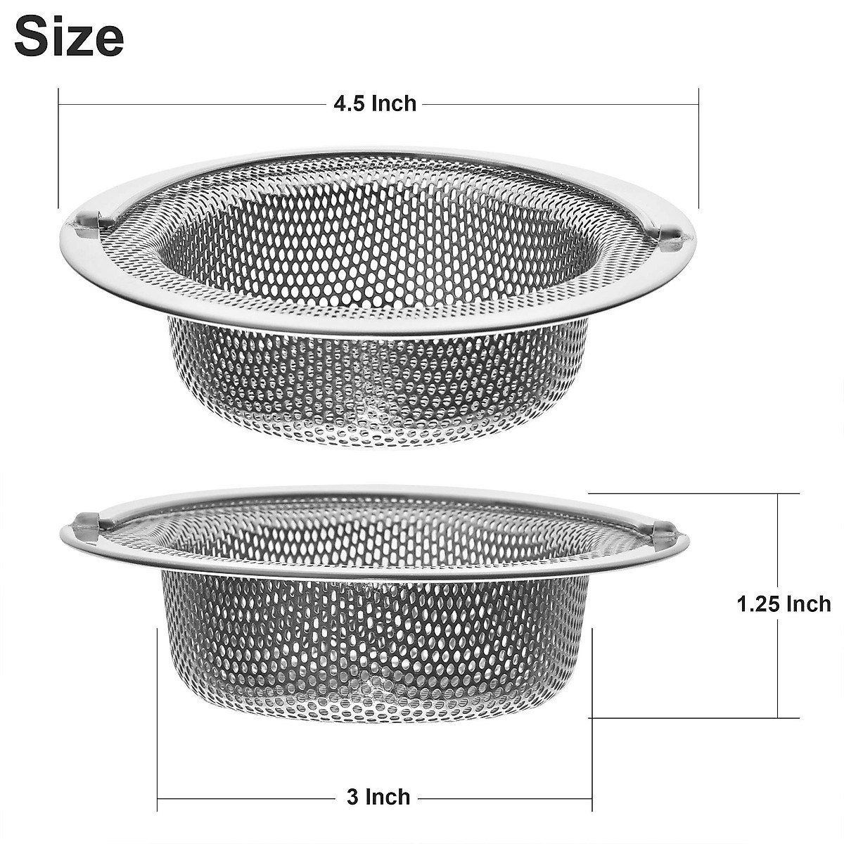 2 Pack - 4.5" Top / 3" Basket - Kitchen Sink Drain Strainer Stainless Steel Large Basket Food Catcher with Handle. Fast Flow and Effective 2/16" Holes