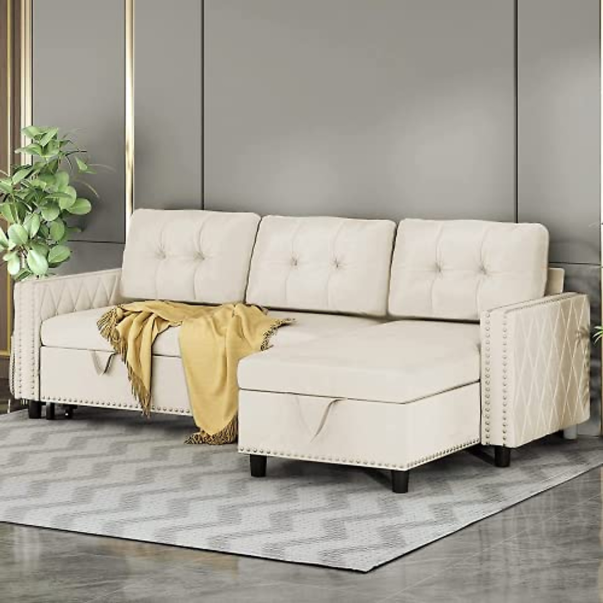 Mjkone Pull Out Sofa Bed, Sectional Sleeper Sofa with Storage, 3 Seat Couch with Chaise Lounge, Velvet Couch with Pull Out Bed, L Shaped Sectional Sofa Couches for Living Room Apartment, Beige