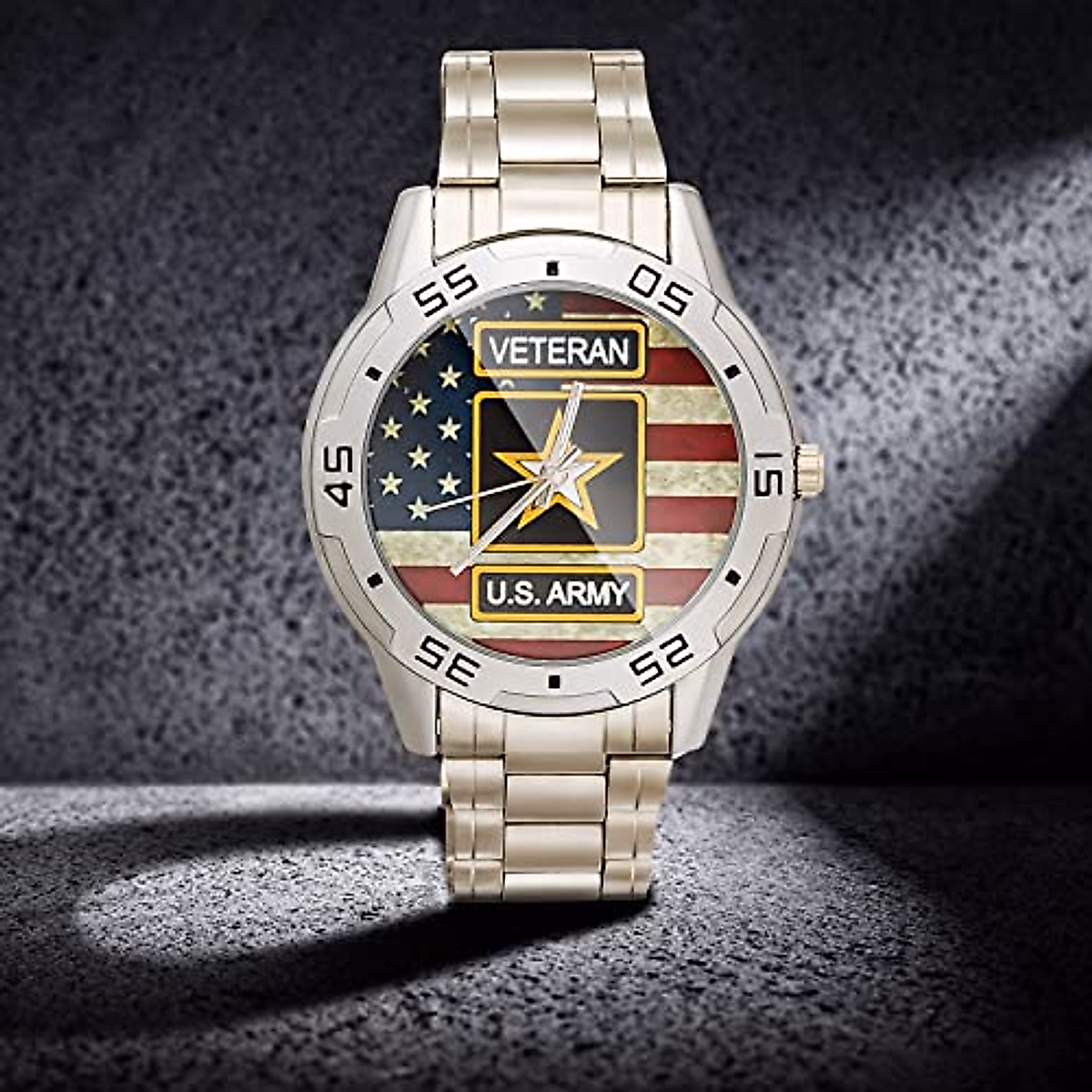Special Design Military US Army Veteran and American Flag Custom Men's Stainless Steel Analog Watch Sliver Metal Case, Tempered Glass