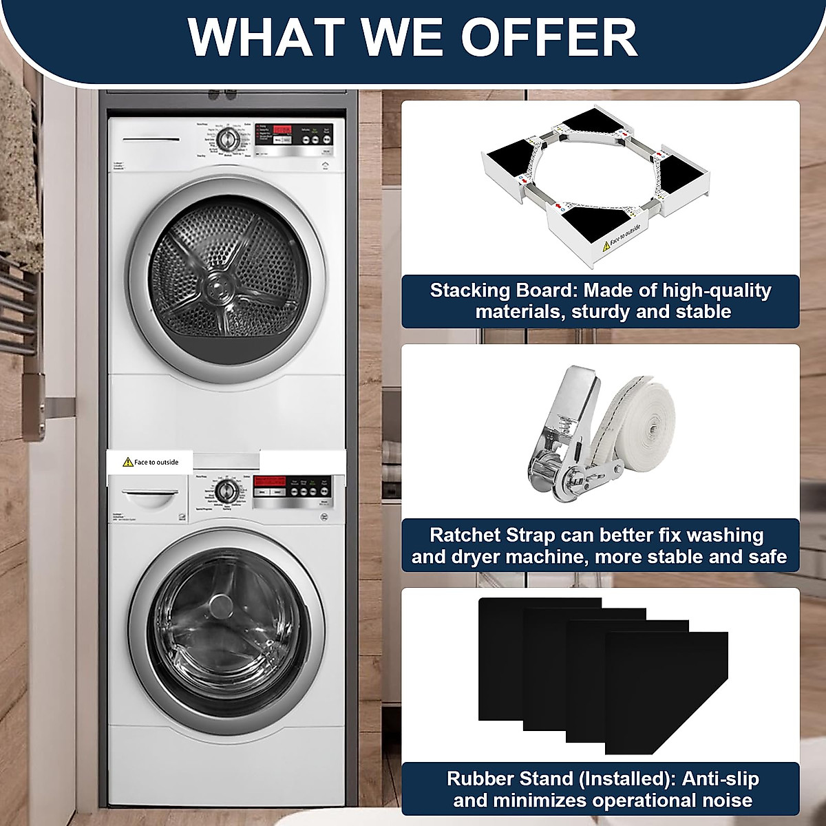 HHXRISE Washer Dryer Stacking Kit, Universal 24/25/ 26/27/ 28/29 Inch Washer and Dryer Stackable, Adjustable Stacking Kit for Washing Machine and Dryer, Connecting Frame with Ratchet Strap