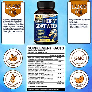 VEGATOT 8 in 1 High Strength Horny Goat Weed 15,420MG Concentrated Extract with Yohimbine Tongkat Ali Maca Root Fenugreek Boost Energy Stamina 3-Month Supply (90 Count (Pack of 1))