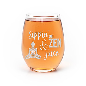 Sippin on Zen and Juice Yoga Stemless Wine Glass - Yoga Gift, Namaste, Gift For Relaxation, Pun Gift, Wine Lover, Her, Mother, Best Friend Gift, Music Gift