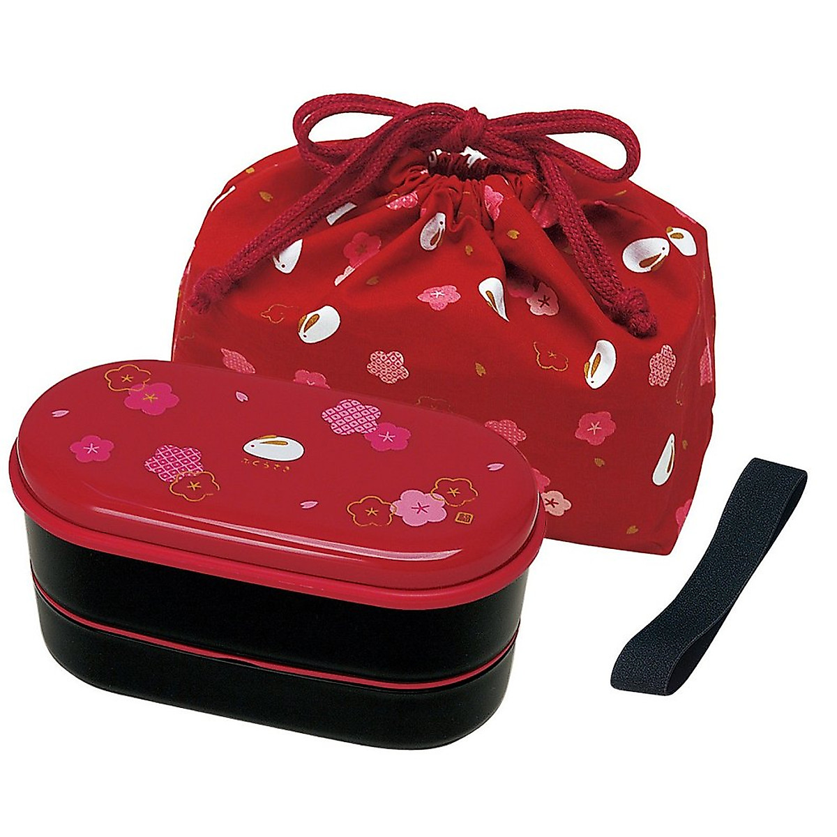 Japanese 2 Tiers Bento Lunch Box with Belt , Bag Chopsticks, Red Blossom and Bunny