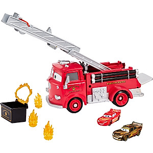 Disney Cars Toys Treasure Truck Set with Stunt and Splash Red Firetruck & 2 Lightning McQueen Vehicles -1 with Color Change & 1 Golden Colored, Toy Gift for Kids Age 4 Years & Older