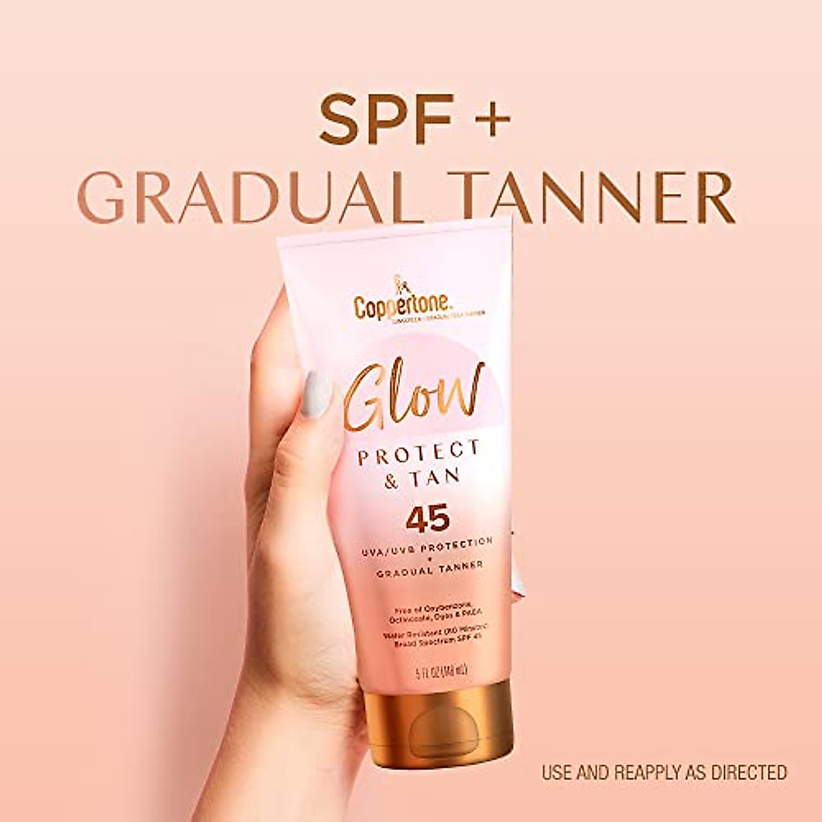 Coppertone Glow Protect and Tan Sunscreen Lotion with Gradual Self Tanner SPF 45, Water Resistant Sunscreen, SPF 45 Broad Spectrum Sunscreen SPF 45, 5 Fl Oz Tube