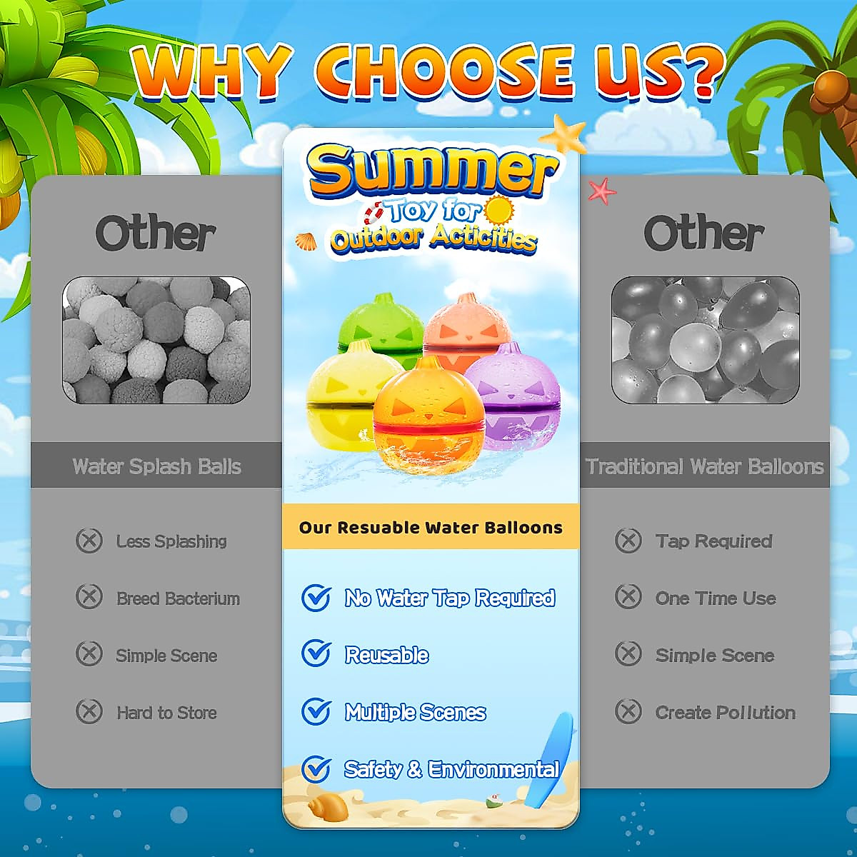 Hiliop 12PCS Reusable Water Balloons Quick Fill & Self Sealing, Latex-Free Silicone Magnetic Splash Water Balloon for Kids