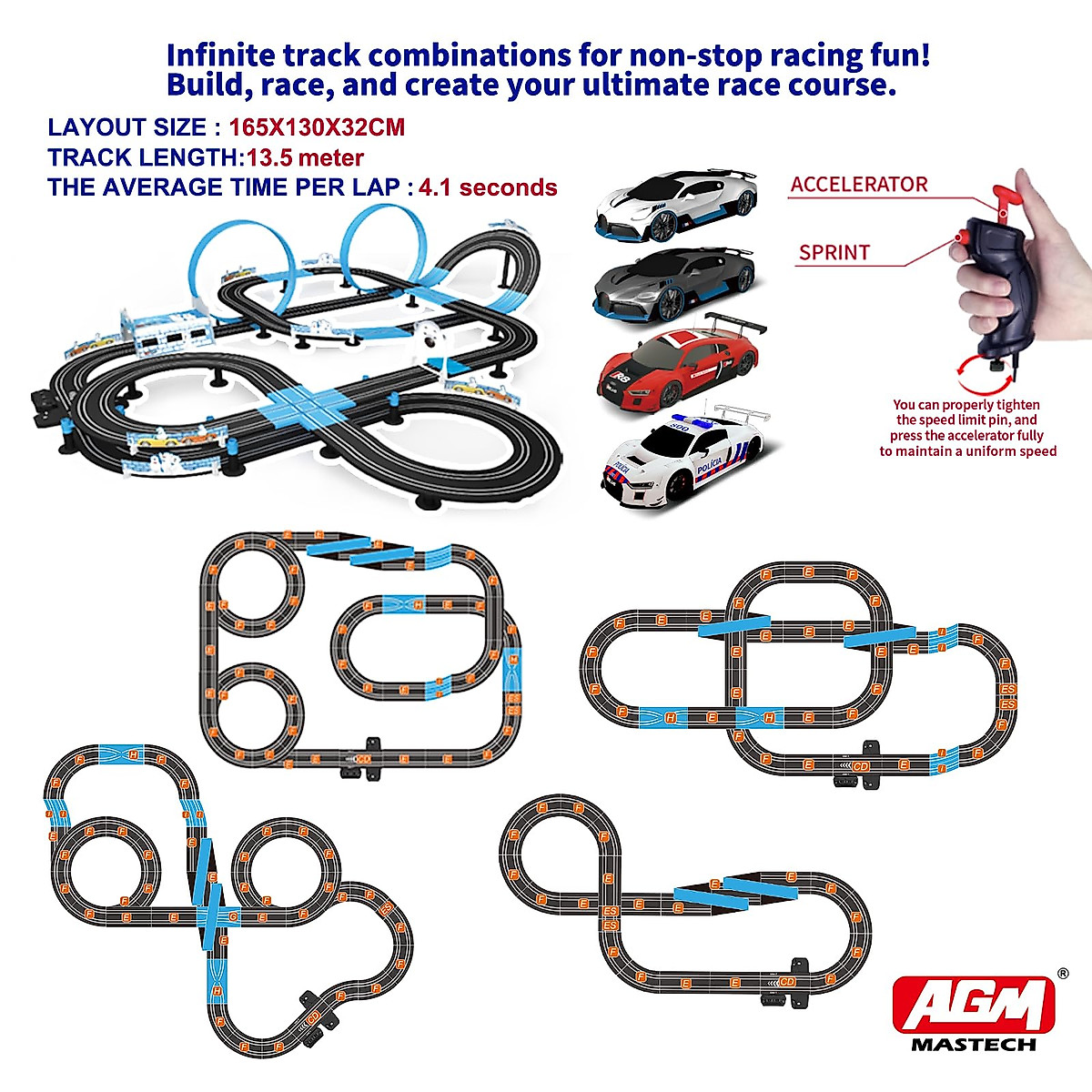 AGM MASTECH Slot Car Race Track Set, High Speed Series Tram Dual Track Set with 4 Licensed Racing Slot Cars, 2 Hand Controls, Track Parts and Lap Counter, 13.5M Long Track, Black