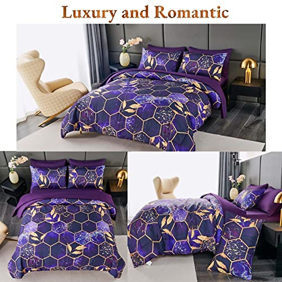 ANGIYUIN 7Pcs Bed-in-A-Bag Purple Gold Marble King Comforter Set with Sheets, 3D Geometric Hexagon Theme Decor Yellow Leaf Bedding Set, Modern Foil Print Duvet Insert for All Season (Purple King)