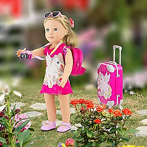 UNICORN ELEMENT 15Pcs 18 Inch Girl Doll Clothes and Accessories, Travel Suitcase with Unicorn Luggage Play Set Including Suitcase, Schoolbag, U-Shaped Pillow, Glasses, Camera, etc (Not Doll)