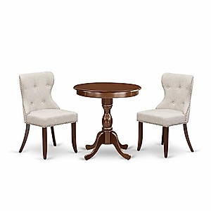 East West Furniture ESSI3-MAH-35 3 Piece Modern Dining Table Set Contains a Round Wooden Table with Pedestal and 2 Doeskin Linen Fabric Upholstered Chairs, 30x30 Inch, Mahogany
