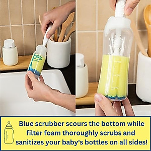 PowerPuff USA Made Reusable Baby Bottle Brush, Cleaning Sponge & Scrubber — 10" Long Handle to Scrubber — Baby Bottle, Water Bottle, Tumbler, Glass & Dish Sponge & Dish Scrub Brush — Pack of 3