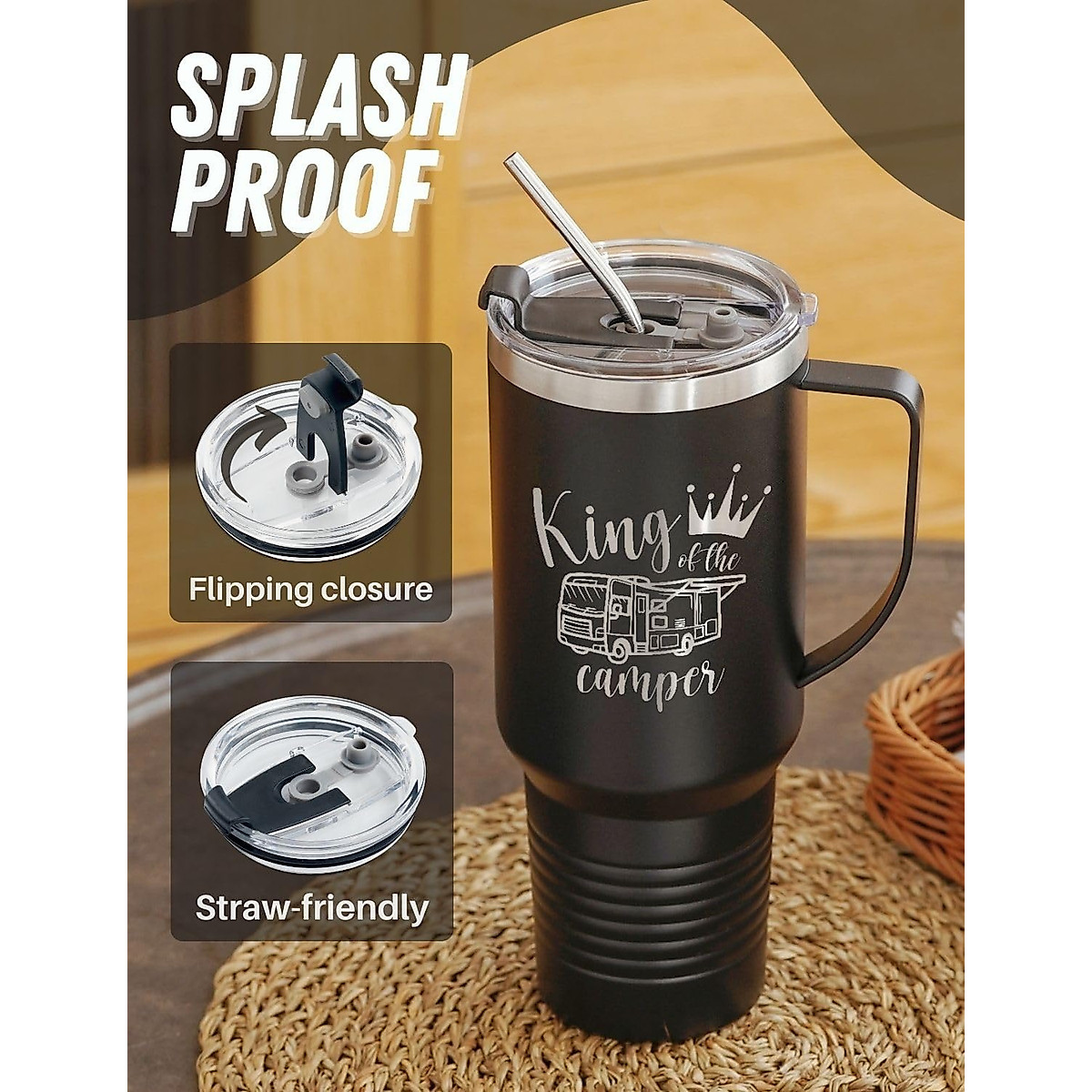 Onebttl RV Camper Gifts Tumbler Coffee Mug, Gifts for Campers, RV Enthusiasts, RV Owners, Outdoors, Picnic, Camping, Stainless Steel Insulated 1180ml/40oz - King of the Camper