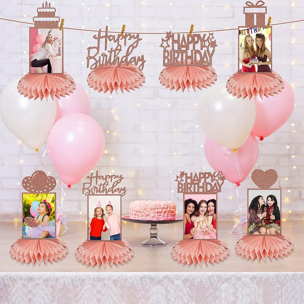 Bumqviy 8Pcs Rose Gold Birthday Decorations Honeycomb Centerpieces for Women Girl, Pink Rose Gold Glitter Birthday Photo Table Centerpiece Party Supplies, 16th 30th 40th 50th 60th Bday Table Topper
