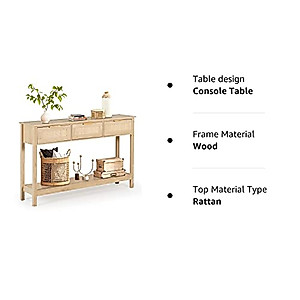 LAZZO Rattan Console Table Boho Entryway Table Narrow Long Sofa Table Hallway Foyer Table Behind Couch Table with 3 Drawers and Open Storage Shelf for Living Room and Corridor Natural Wood