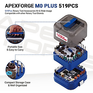APEXFORGE M0 & M0 Plus Rotary Tool Accessories Kit, 357Pcs + 519Pcs Accessories, Keyless Chuck, 1/8" Diameter Shanks, Universal Fitment for Easy Cutting, Sanding, Grinding, Carving, Drilling, Engravin