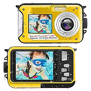 Waterproof Digital Camera Underwater Camera Full HD 2.7K 48 MP Video Recorder Selfie Dual Screens 16X Digital Zoom Flashlight Waterproof Camera for Snorkeling (Yellow)