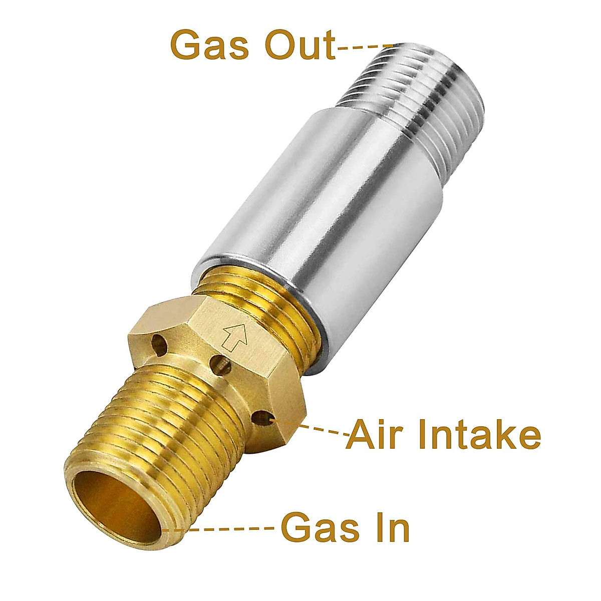 MCAMPAS 1/2" Air Mixer Nozzle Valve for Natural Gas Propane Gas LPG Fire Pit Burner. 100% Brass Air Mixer Nozzle with 304 Stainless Steel 1/2" Female NPT to 1/2" Male NPT (150.000 BTU)