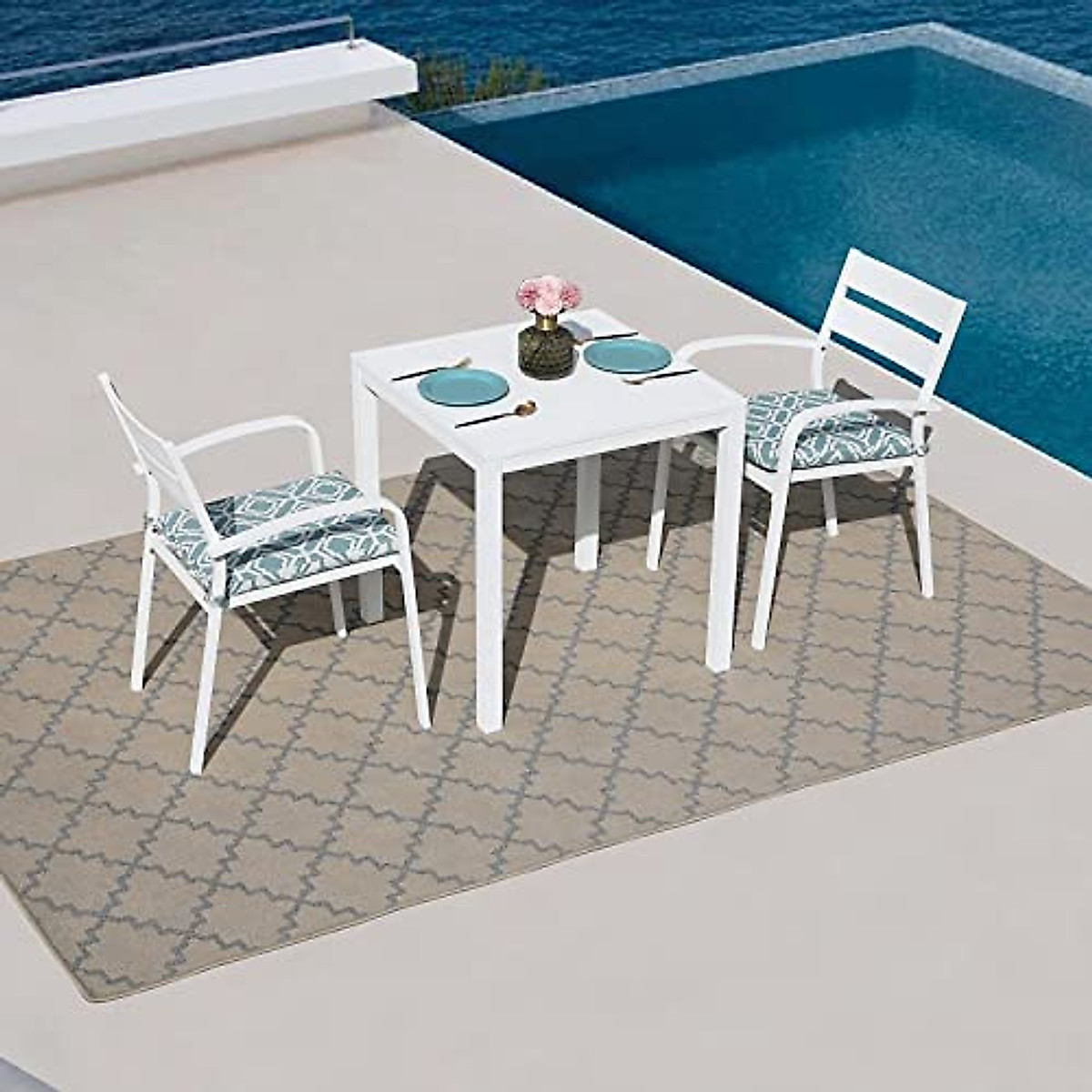Soleil Jardin 3-Piece Outdoor Bistro Set Aluminum Patio Furniture Bistro Table Set Outdoor Dining Table and Stackable Chairs with Cushion, White Finish & Lattice Cushion